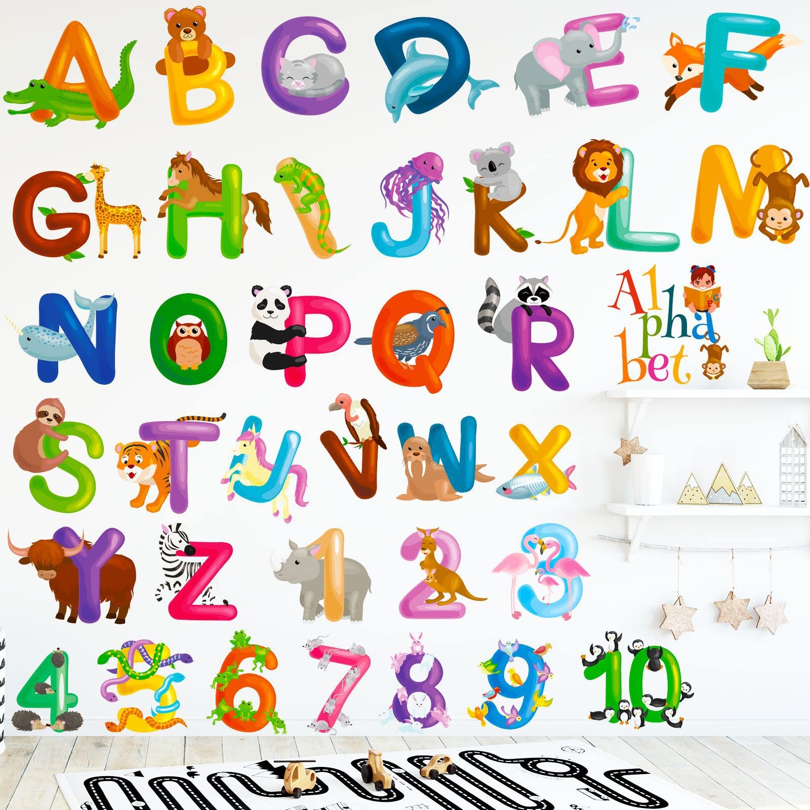 Arquiel Animal Alphabet Wall Decals Colorful Numbers ABC Learning Wall Stickers for Kids Toddlers Nursery Living Room Classroom