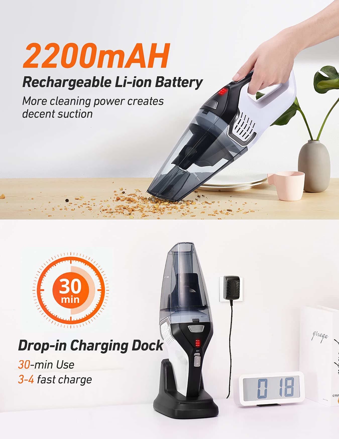 Handheld Vacuum Cordless Rechargeable, 8500Pa Powerful Handheld Vacuum Cleaner for Wet&Dry Use, Portable Handheld Vacuum Cleaner for Car/Home/Pet Hair Cleanup, Vac with Charging Dock&2 HEPA Filters