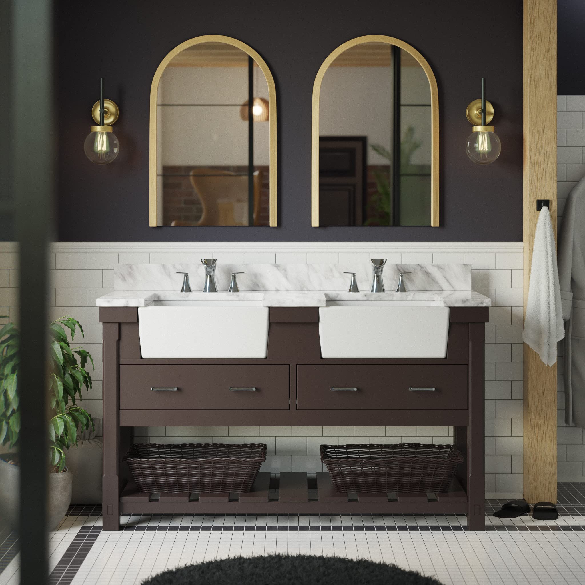 Charlotte 60-inch Double Farmhouse Bathroom Vanity (Carrara/Chocolate): Includes Chocolate Cabinet with Authentic Italian Carrara Marble Countertop and White Ceramic Apron Sinks