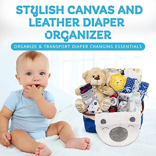 Joyful Arrival Deluxe Baby Boy Gift Set, Baby Layette Set with 21-Piece New Baby Essentials and Canvas Diaper Organizer for Expecting Moms and New Parents, Blue - Nikki’s Gift Baskets