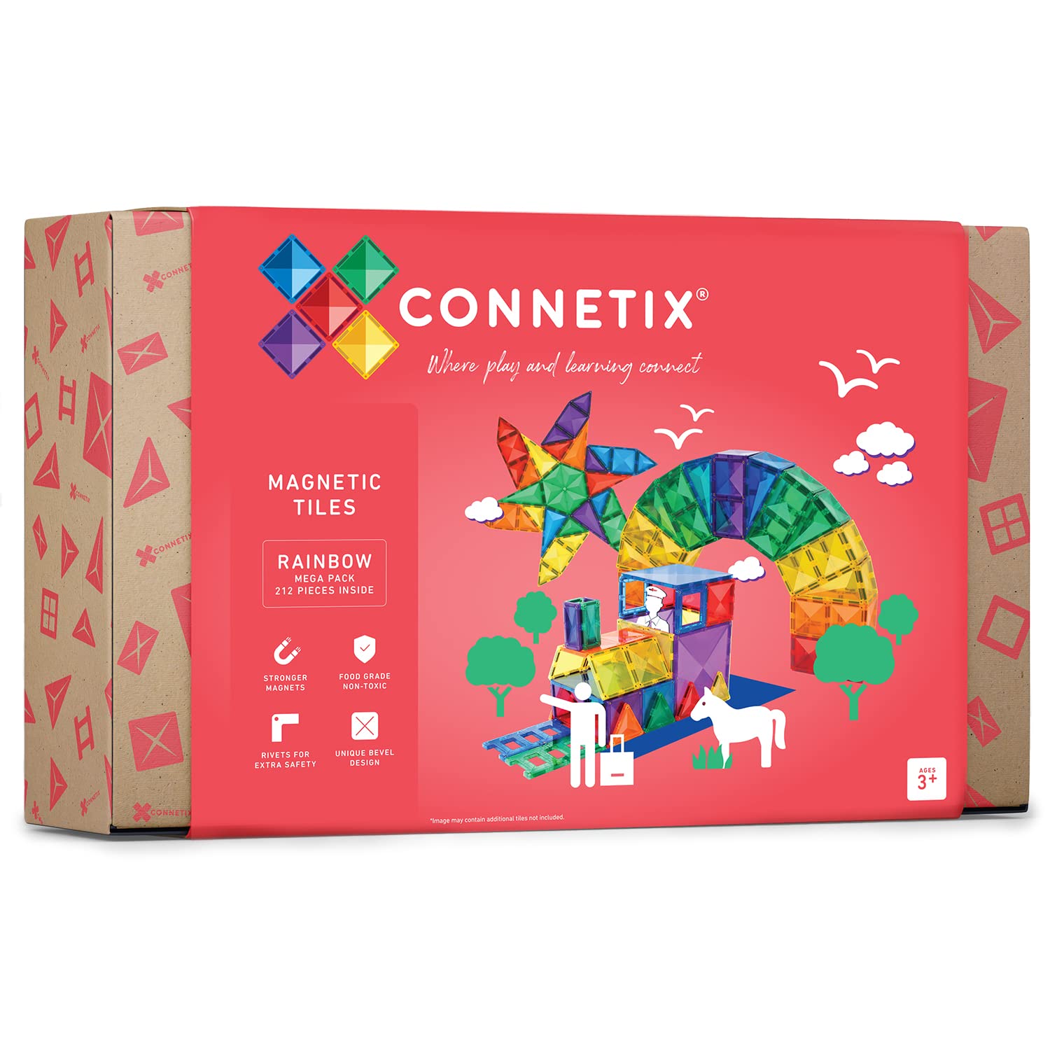 Connetix Tiles 212 Piece Mega Pack, Premium Educational Magnetic Building Set, Features Large Hexagons and Squares, Regular Geometric Tiles, Door and Window Pieces, Fences, 2 Purple Cars, and More