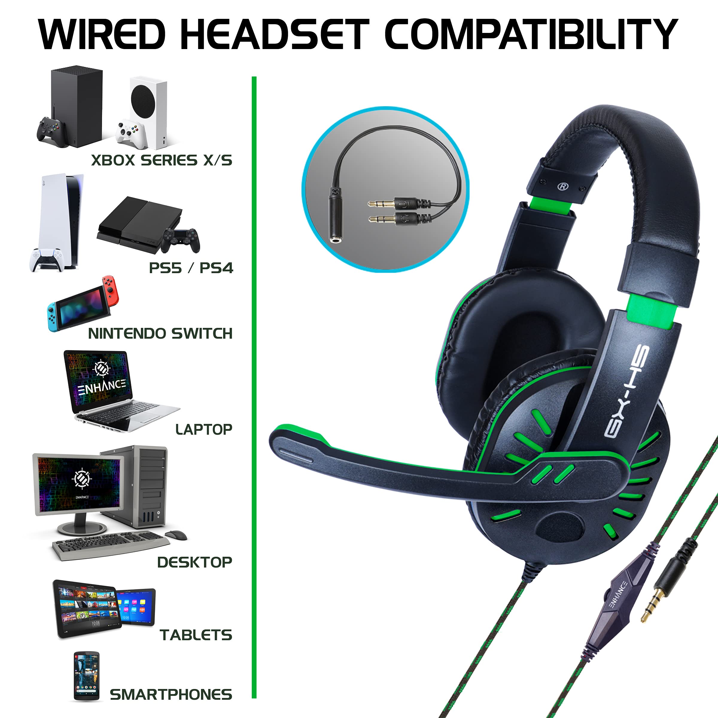 ENHANCE GX-H5 Gaming Headset with Microphone - Universal Gaming Headset for PS4, PS5, Xbox, PC, Switch with Adjustable Headband, Volume Controller, USB Sound-Isolating Earcups, Splitter Cable (Green)