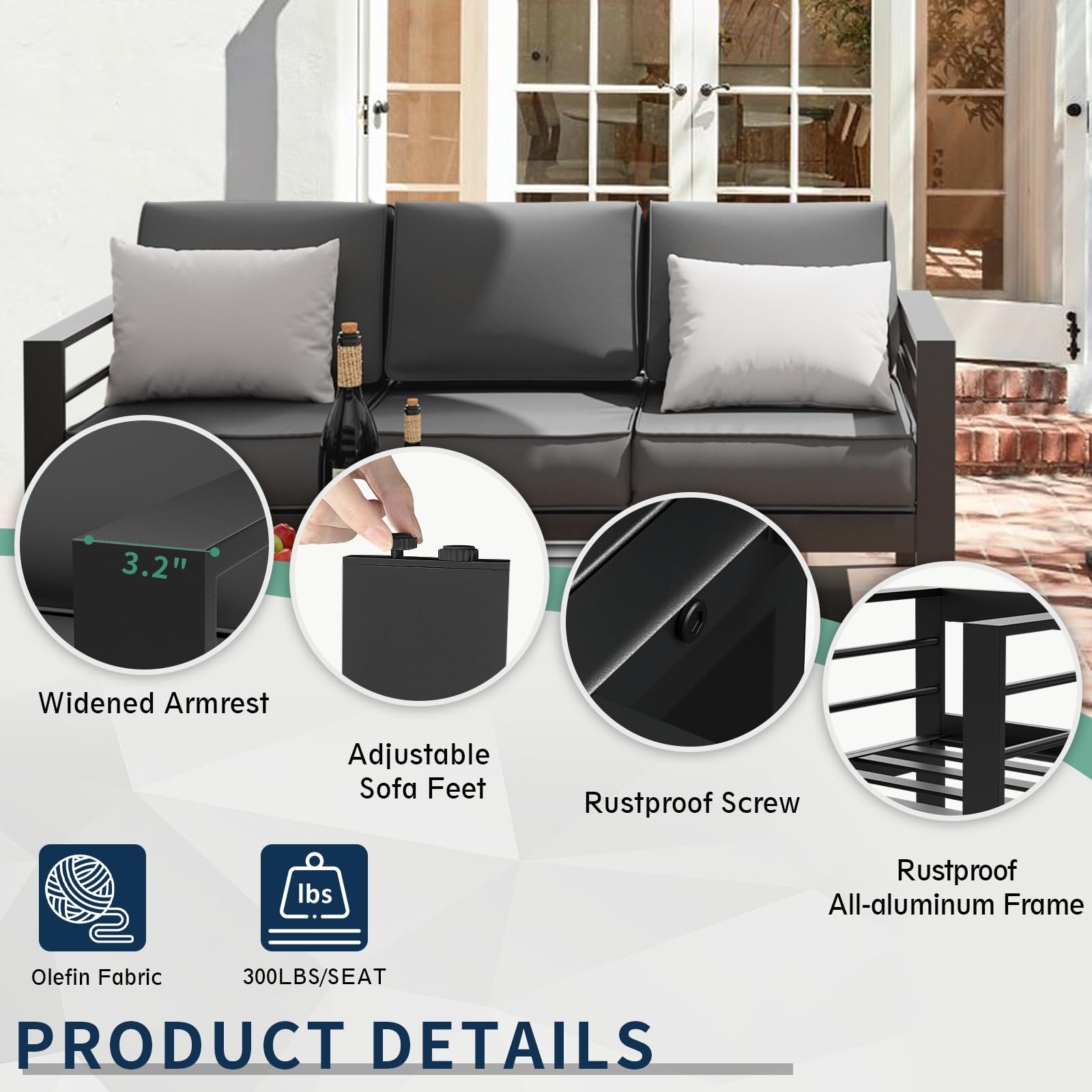Amopatio Patio Furniture Set with Fire Pit Table, 8 Pcs Aluminum Outdoor Sectional Metal Modern Patio Sofa Sets, 44" Gas Fire Pit Conversation Set for Yard, Dark Grey(Included Waterproof Covers)
