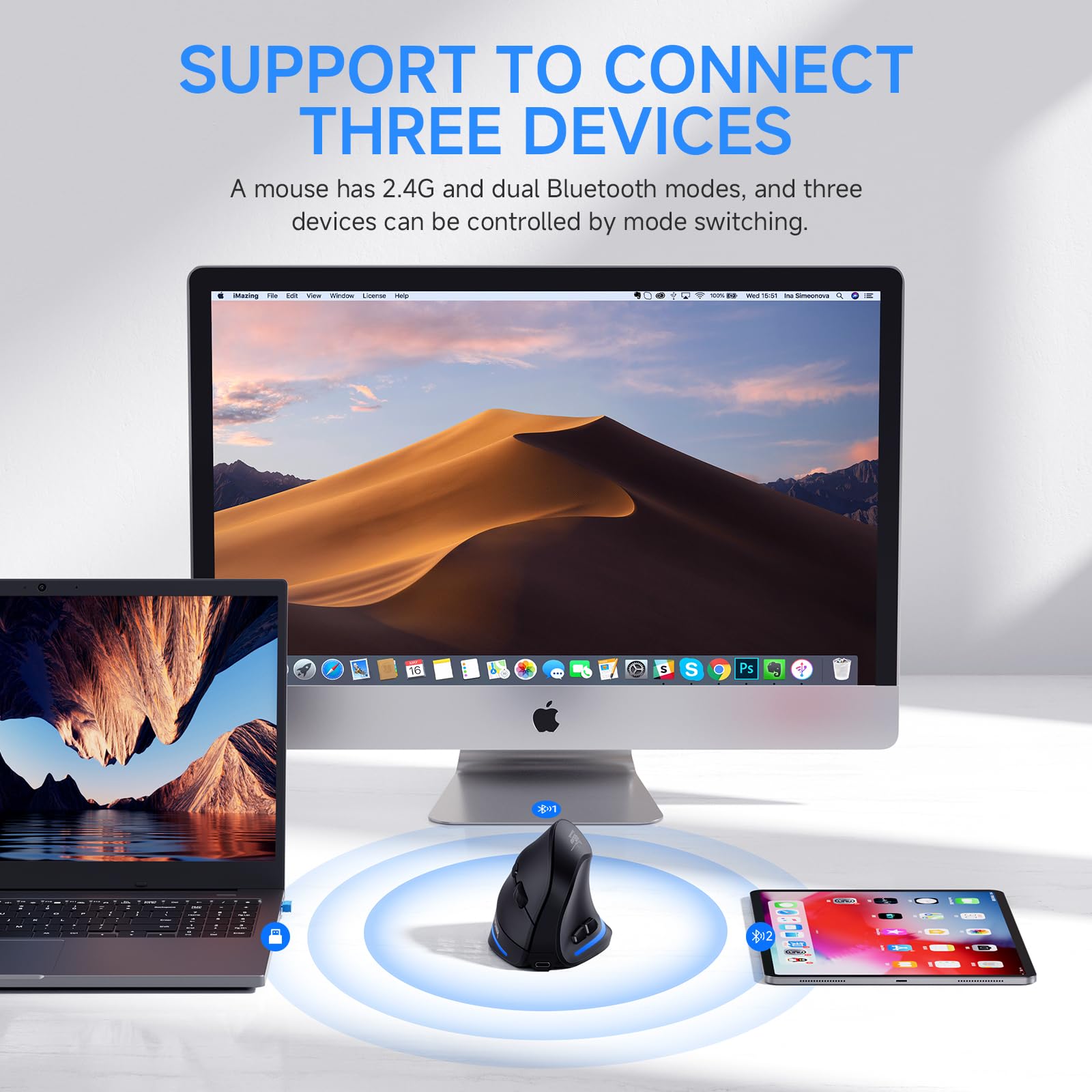 ECHTPower Wireless Bluetooth Mouse, Ergonomic Mouse with LED Light, Tri-Mode BT5.0+BT5.0+2.4GHz, Vertical Mouse Adjustable DPI 2400/1600/1000, Rechargeable Mice for PC, Laptop, Mac, Windows