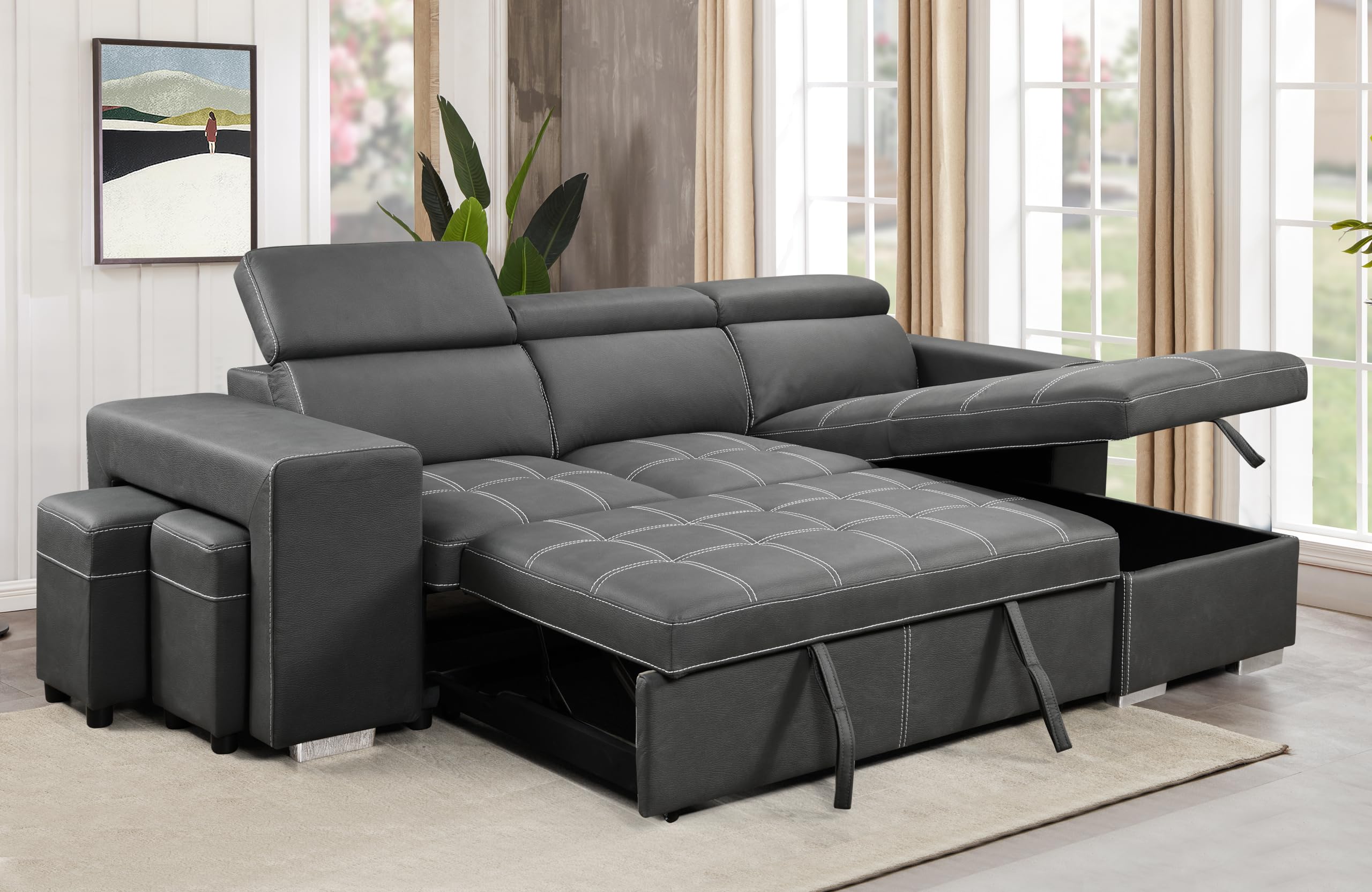 Ball & Cast 105" Sofa Bed with Storage Chaise and 2 Stools,Corner Convertible Sleeper Sectional Couch W/Adjustable Headrest,for Living Room,Apartment,Grey