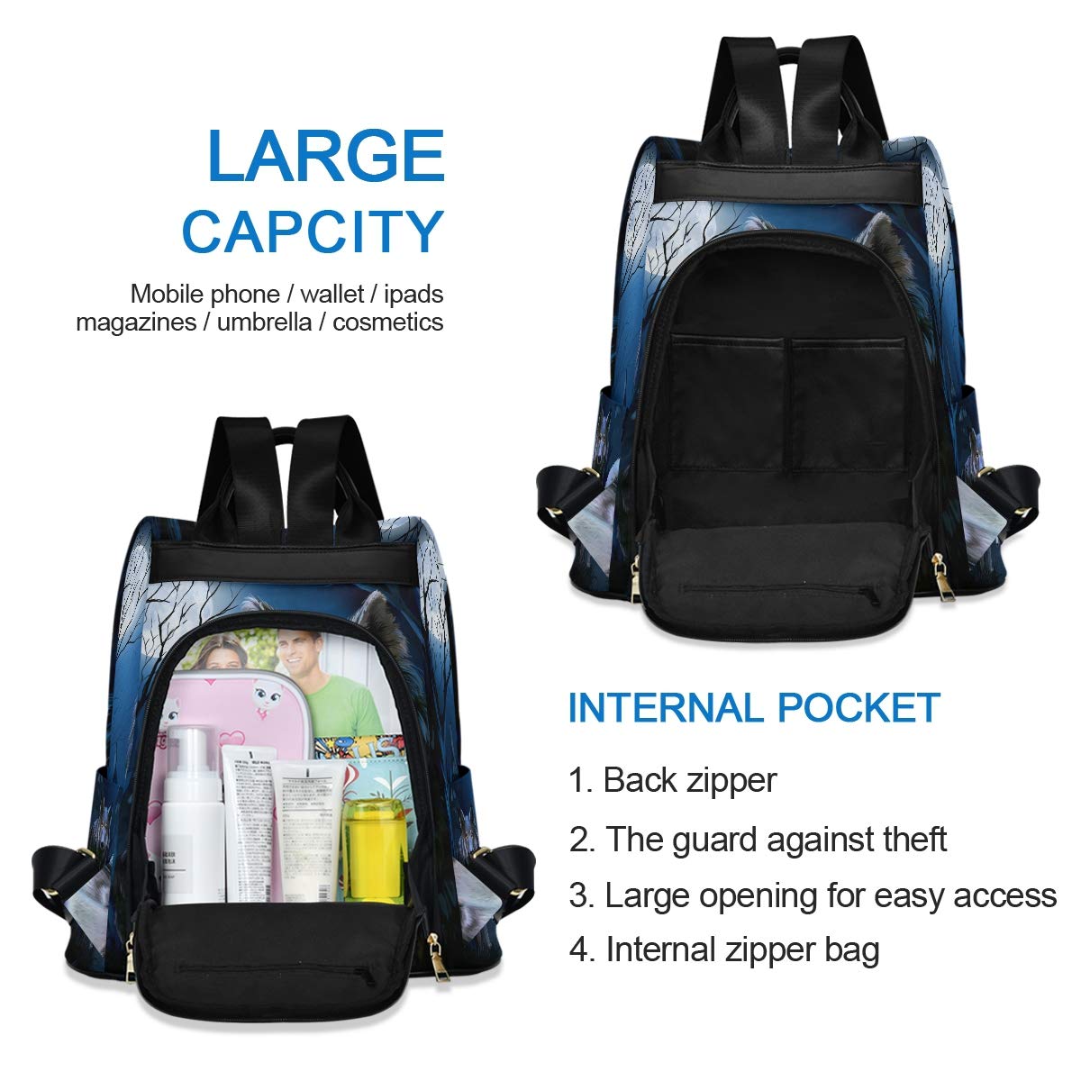 ALAZA Dark Night Wolf and Full Moon Backpack for Daily Shopping Travel