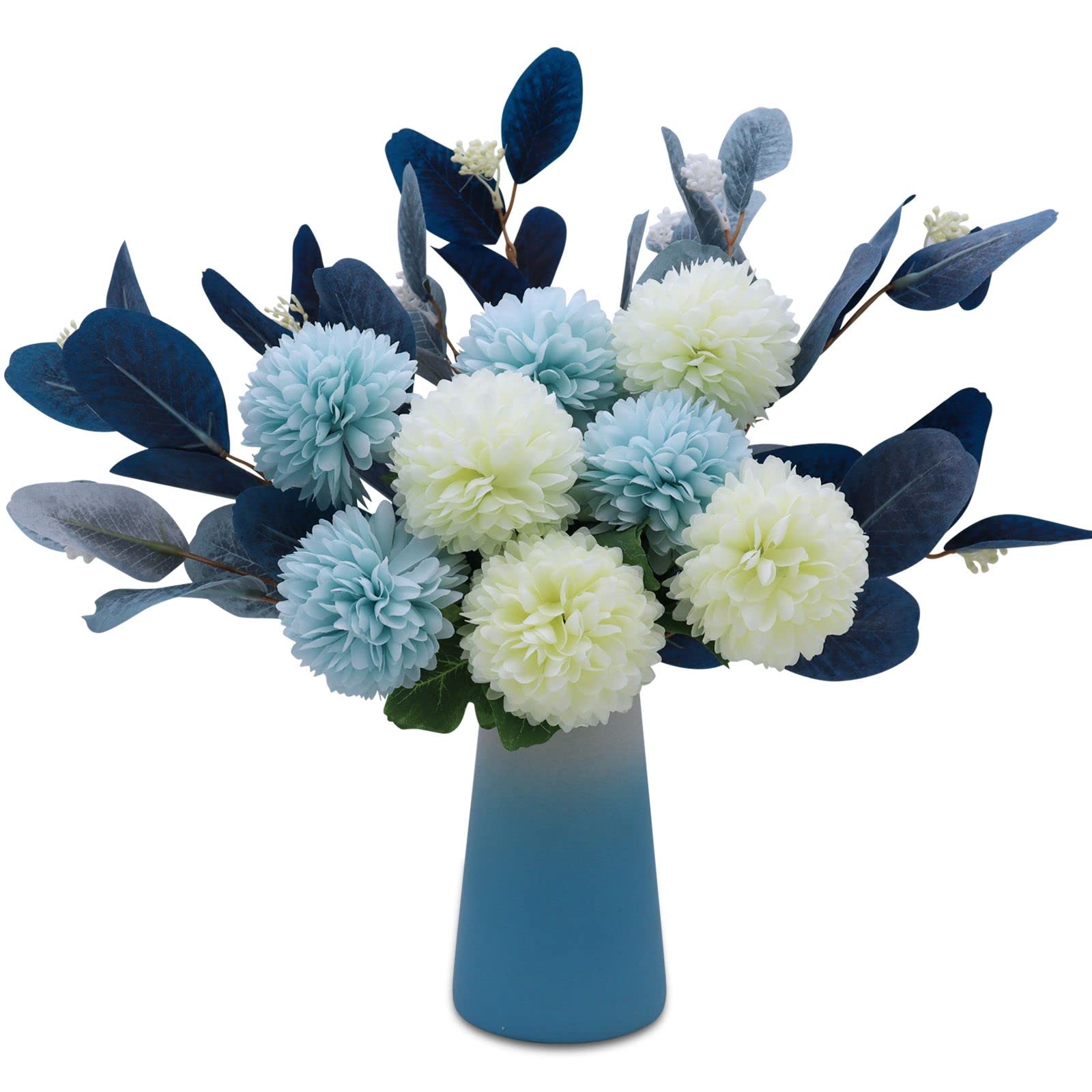 CZ Qiang Artificial Plants Flowers Home Decor - Colorful Fake Plant Flowers Waterproof Table Decor 8 Realistic Hydrangea Silk Flowers with Gradient Colors Ceramic Flower Vase, Blue