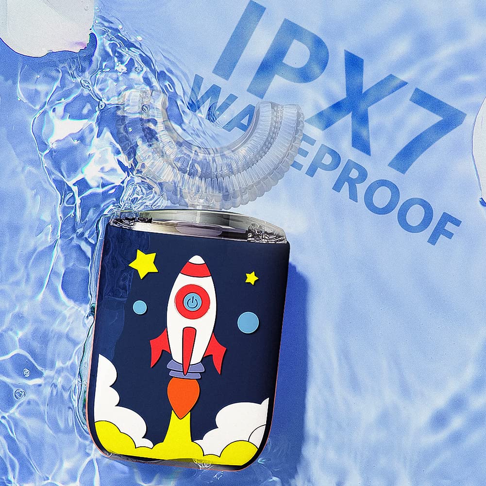 Kids U Shape Electric Toothbrushes Ultrasonic Whole Mouth Auto Toothbrush with 6 Cleaning Modes 2 Brush Heads Brushing Timer Lights IPX7 Waterproof Rechargeable Rocket Cartoon Design for Ages 2-6