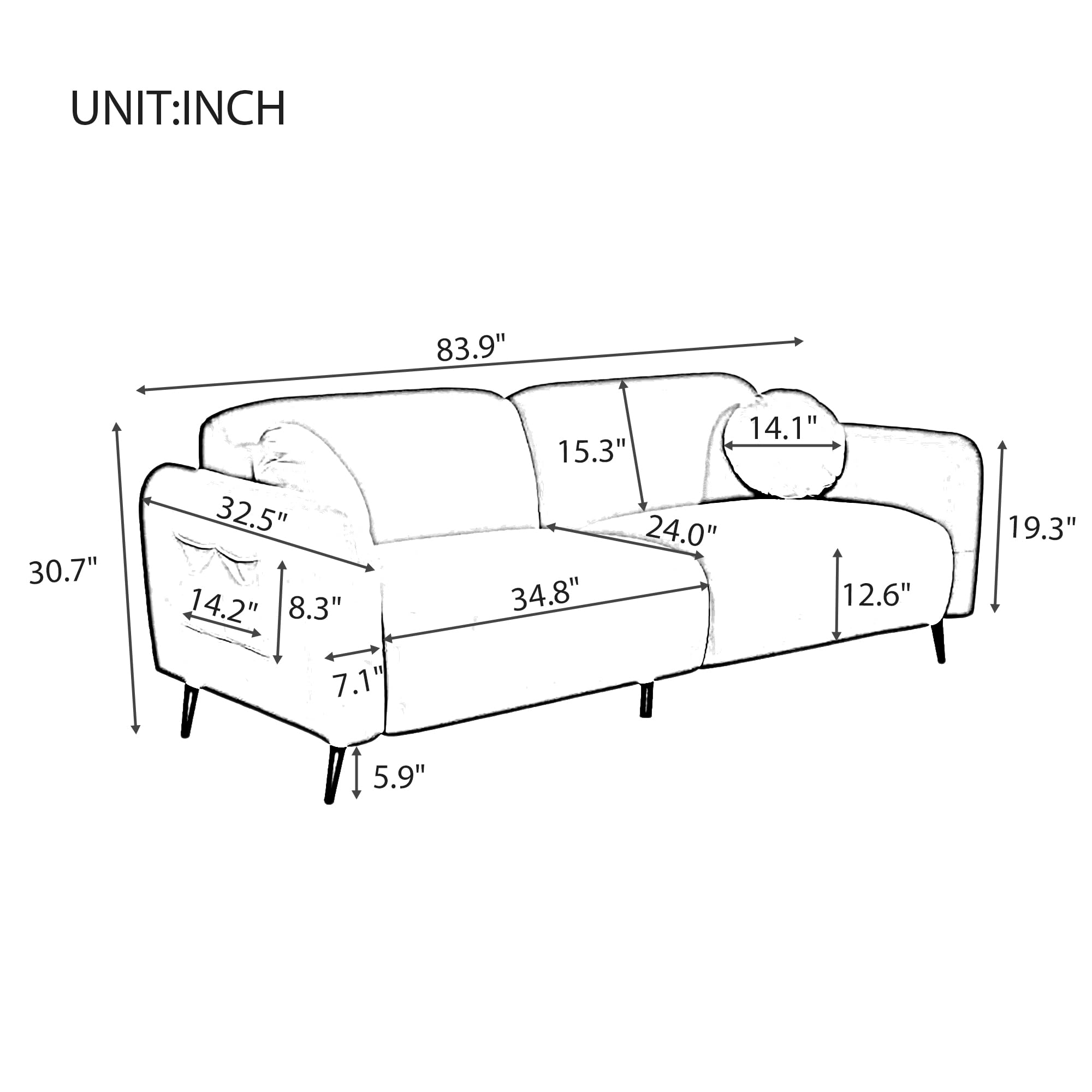 Ball & Cast 74" Velvet Upholstered Sectional Sofa,Convertible 3 Seater L Shaped Couch with Ottoman,Wood Chaise for,Dorm,Apartment,Studio,Office,Beige