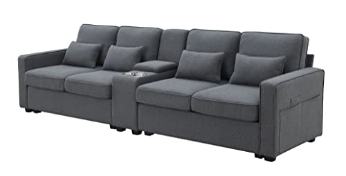 Ball & Cast 114.2" Linen Upholstered Sofa with Consoleand 2 USB Ports Wired or Wirelessly Charged,Modern 4-Seat Couches W/ 4 Pillows and Two Cupholders,for Living Room,Apartment,Dark Grey