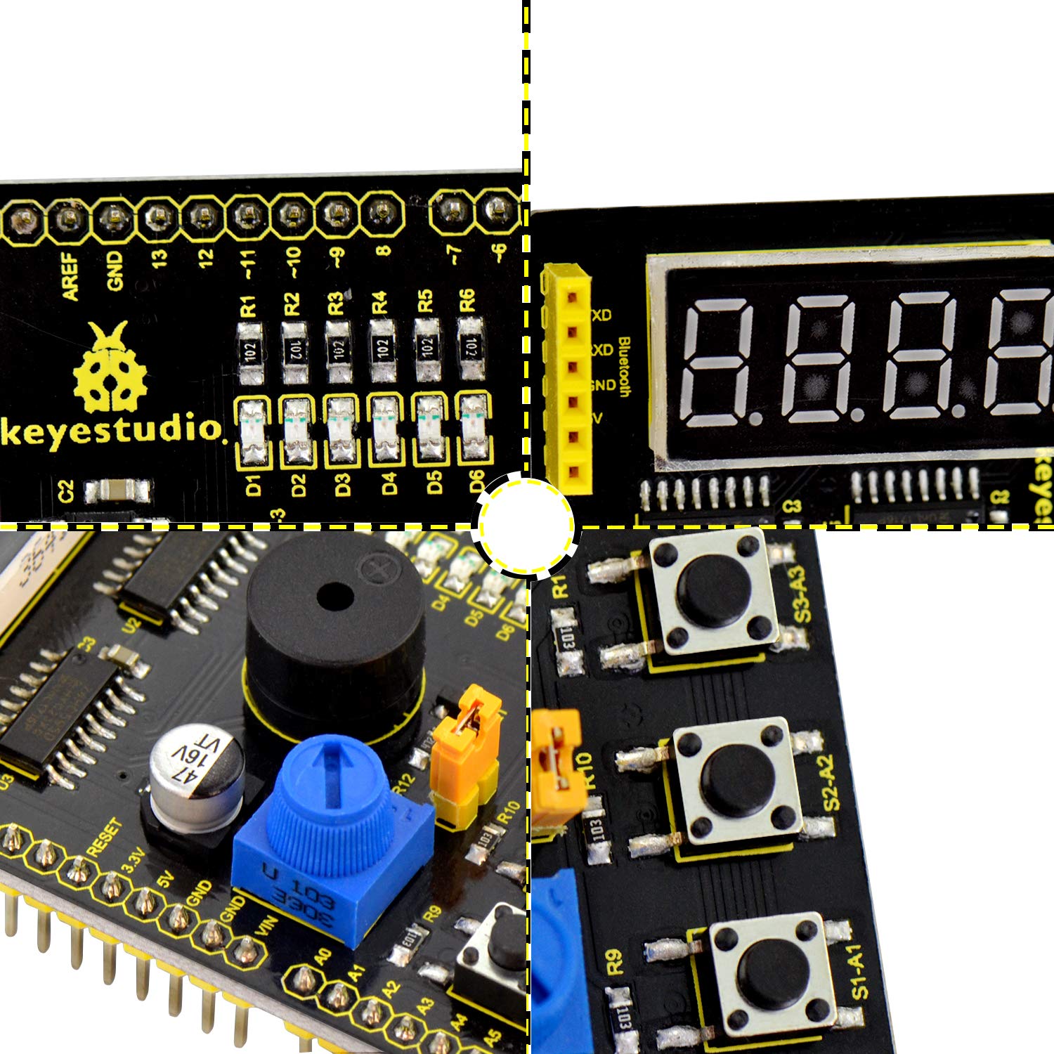 KEYESTUDIO Multi-Purpose Shield V2 with 4-Digit LED Display Module, Buttons and Buzzer for Arduinos Microcontroller for Mega, Electronic Programming Project