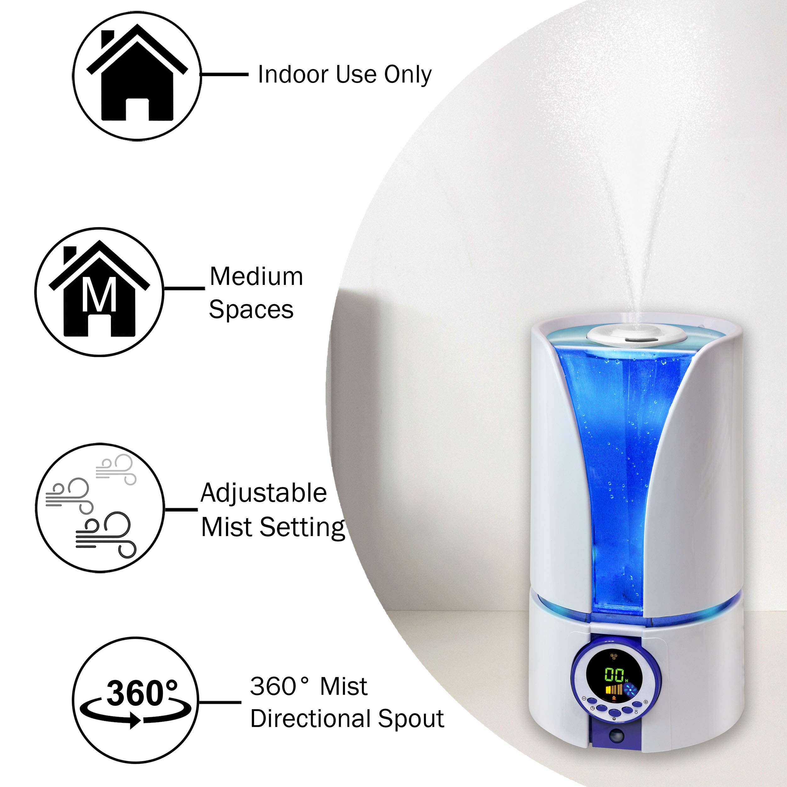 Comfort Zone CZHD81 Whisper-Quiet Cool Mist Digital Ultrasonic Humidifier with Remote Control and Auto Shut-Off, White for Home, Office, Bedroom