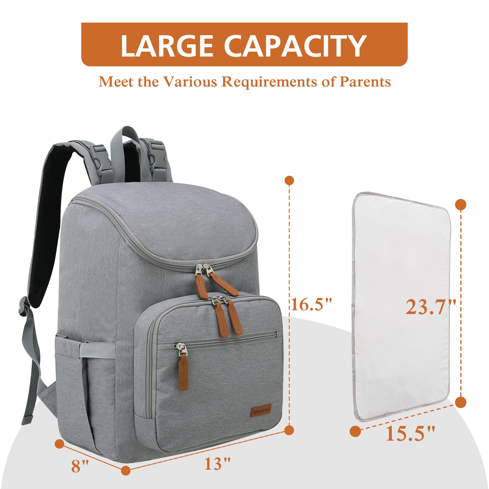 BAGSVIEWER Diaper bag backpack, Waterproof Baby Bag with Extra Large Changing Pad, Multifunctional Baby Diaper Bag Travel Backpack, Large Capacity, Stylish and Durable, Grey