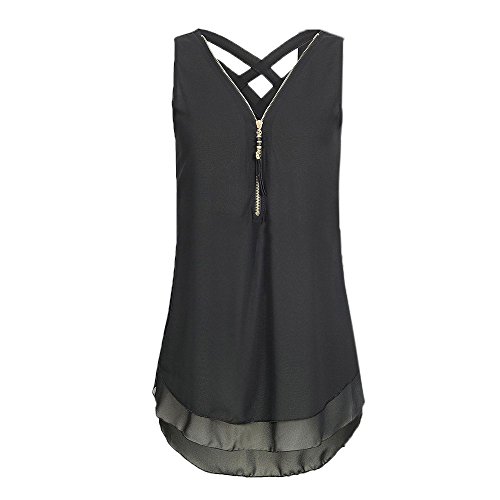 YOMXL Womens Cross Back Tank Vest Casual Tunic Tops Sleeveless V Neck Cuffed Pleated Zip Up Chiffon Tops Black