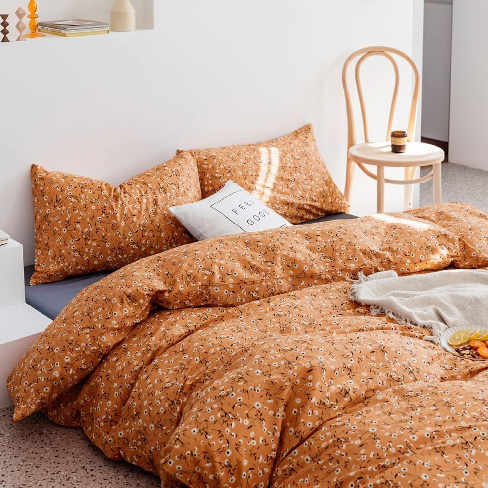LifeTB Garden Style Orange Floral Duvet Cover King Boho Flower Botanical Bedding Sets Burnt Orange Pumpkin Color Comforter Cover 100% Cotton Floral Bedding Sets 1 King Duvet Cover with 2 Pillowcases