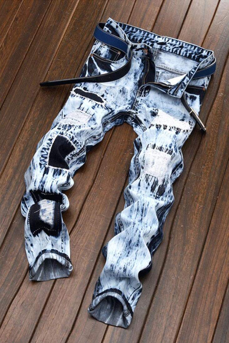 Amoystyle Men's Snow Washed Ripped Jeans Blue 167 Asian 42