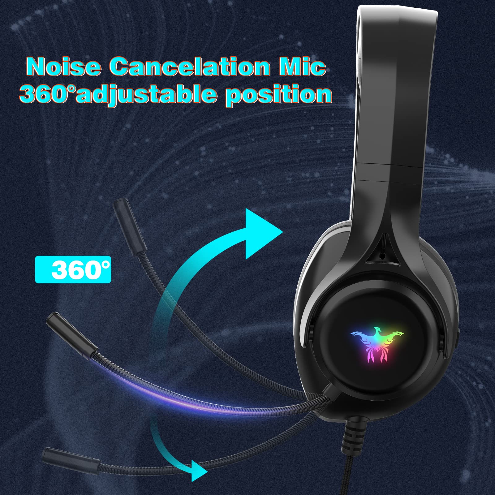 Gaming Headset with Microphone for Playstation 5, Double Head Beam Suspended Soft Soft Memory Earmuffs, 7.1 Surround Sound Wired Headset LED Light for PS5, PC, PS4, iMac, Laptop