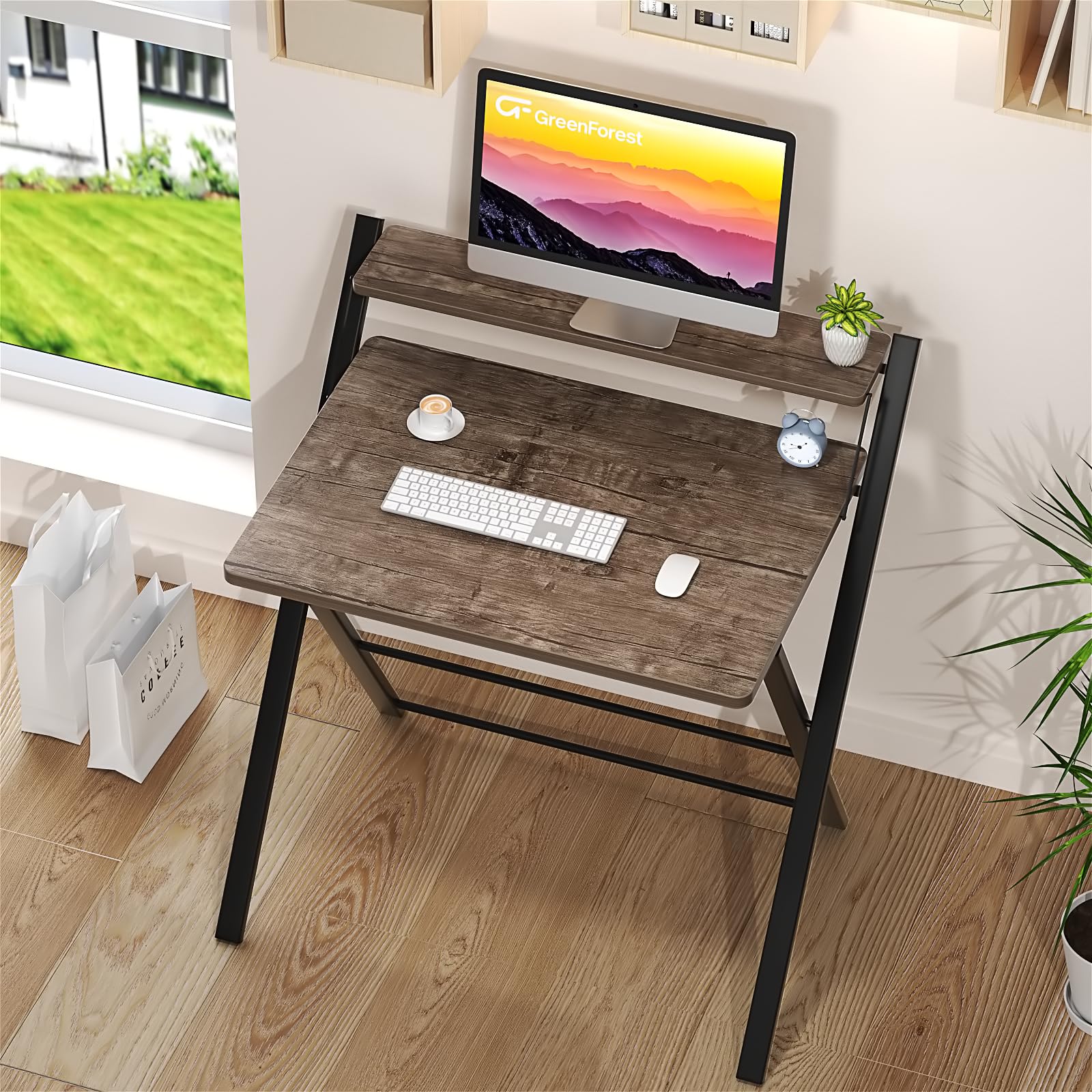 GreenForest Folding Desk No Assembly Required Small Size, 2-Tier Foldable Computer Desk with Shelf for Home Office, Space Saving Portable Laptop Study Foldable Table for Small Spaces, Brown