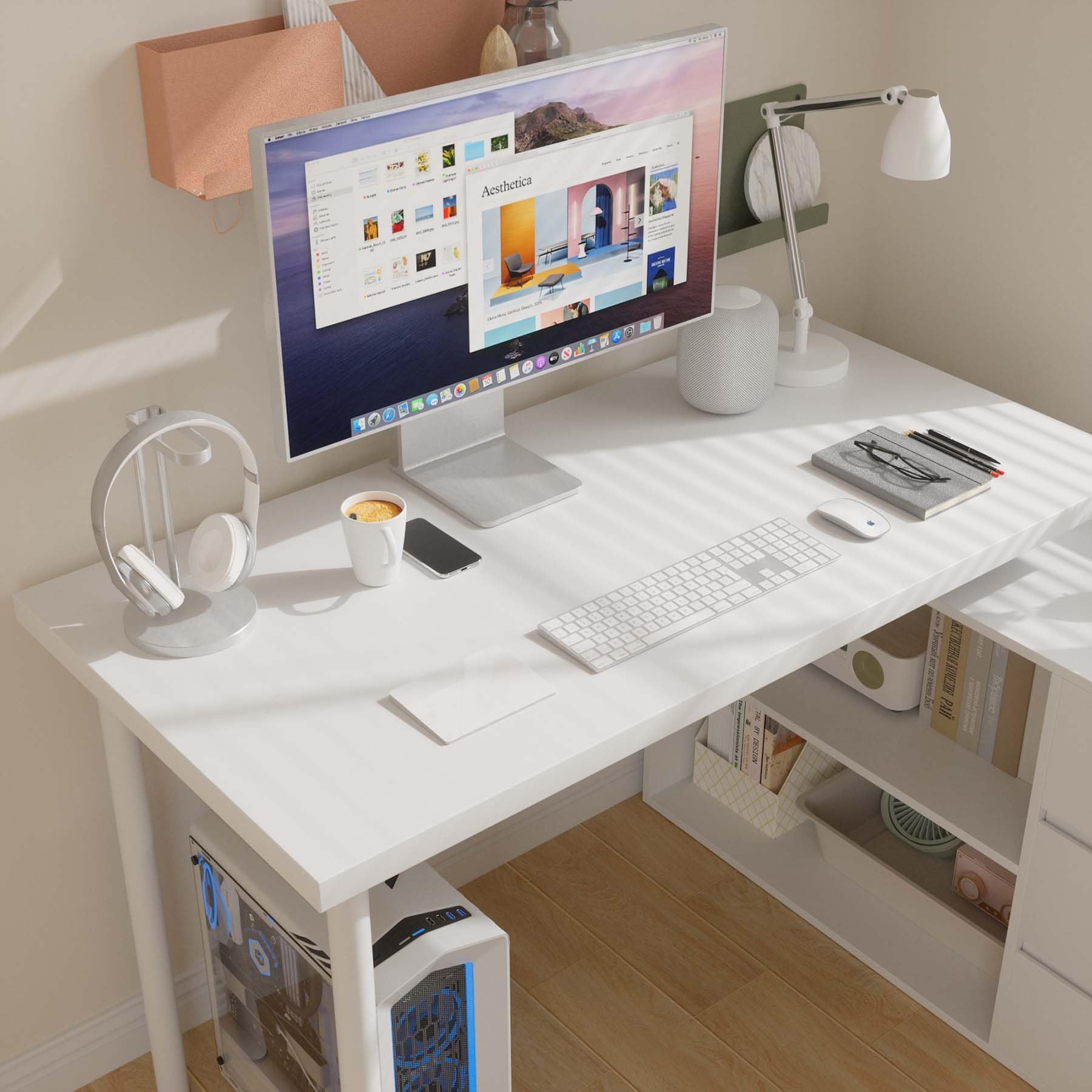 Bobve L Shaped Gaming Desk, 47 Inch Carbon Fiber Gaming Desk with Drawers & Storage, Home Office Desk with File Drawer & Cabinet, Small Corner Computer Desk for Small Space(Black + Blue)