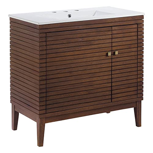 Modway Ledger Wood Bathroom Vanity Cabinet, 36 Inch, Walnut White