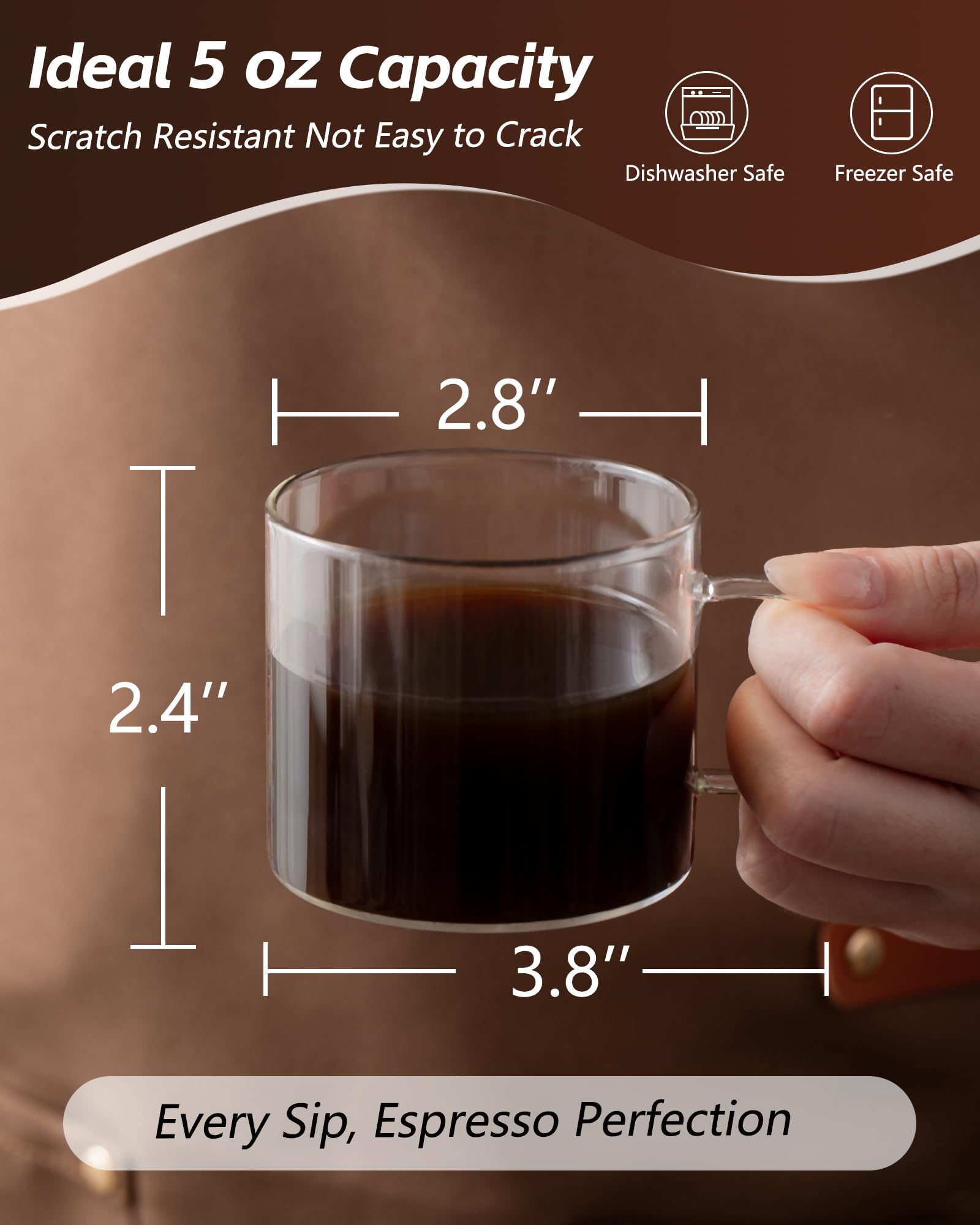BOILMERIT Espresso Cups Set of 4, 5 oz Small Espresso Shot Glasses with Handle, Clear Espresso Coffee Mugs, Glass Demitasse Cups for Double Espresso or Tea, Coffee Machine, Espresso Accessories