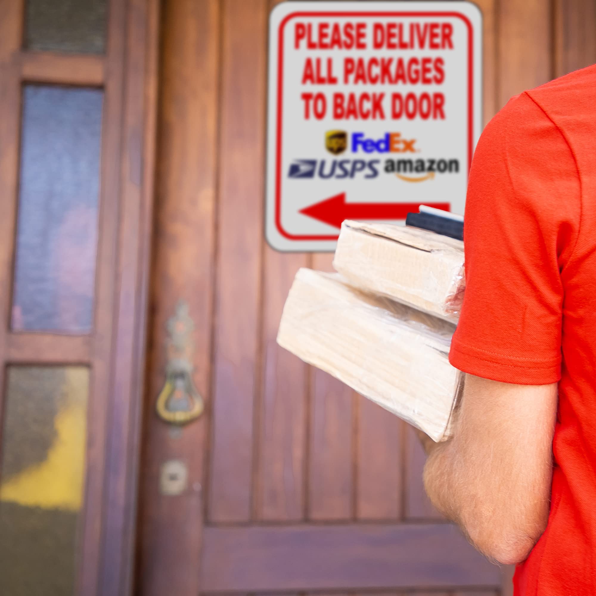 Please Deliver All Packages to Back Door Left Arrow Aluminum Composite Sign Delivery Instructions for My Packages from Amazon, FedEx, USPS, UPS - Indoor Outdoor Signs for Home - 8.5"x10"