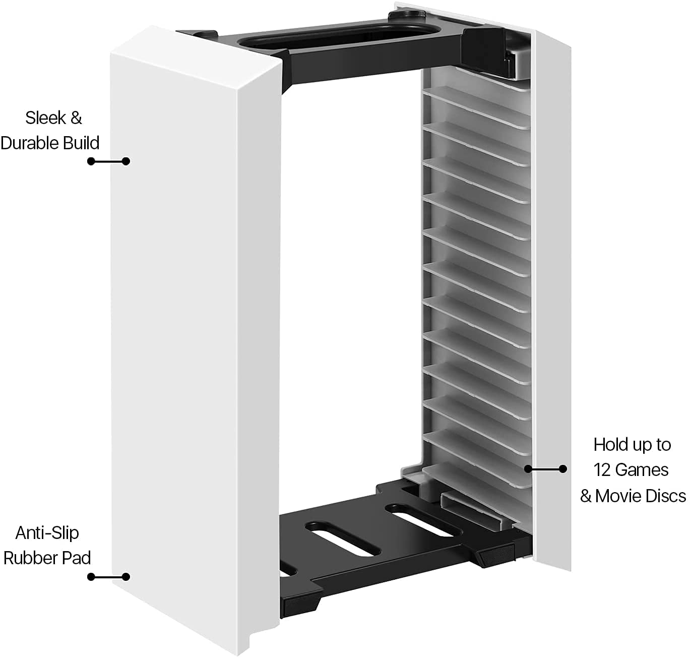 Eddrence PS5 Game Storage Tower Universal Games Storage Tower Stores 12 Game or Blu-Ray Disks Game Holder Rack for PS4, PS5, Xbox One, Xbox Series X/S, Nintendo Switch Games and Blu-Ray Disks