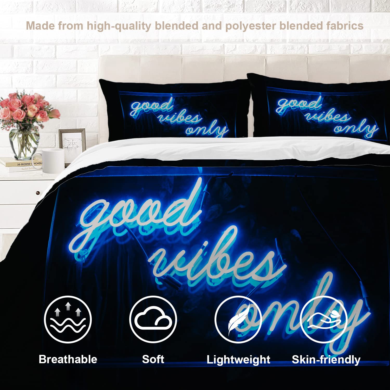 BaoNews Blue Neon Signage Duvet Cover Set Full Size,3 Pieces Good Vibes Only Words Blue Neon Bedding Set Hotel Quality 100% Cotton Comforter Cover Set with 2 Pillowcases(No Filler)
