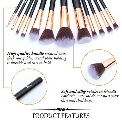 Qivange Makeup Brushes, Professional Foundation Eyeshadow Blending Brushes Set with Brush Holder+ Sponge & Brush Cleaner(Black with Rose Gold, 12pcs)