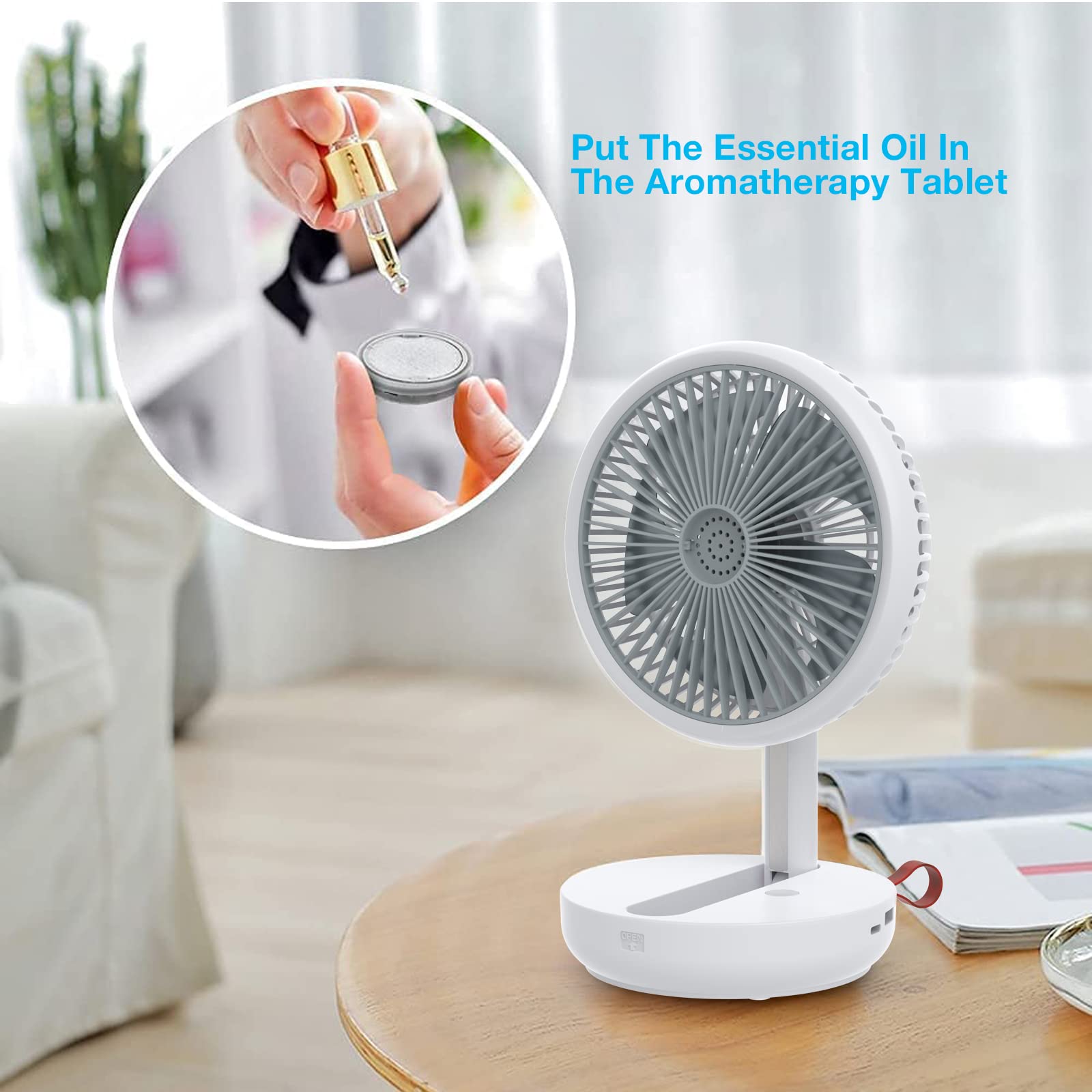 WONGSAM Aroma Diffuser Table Desk Fan, Portable Foldaway Fan, 3600mAh Rechargeable Battery Powered Personal Fan, 4 Speeds Adjusted USB Small Fan for Home Bedroom Travel Office Tent, White