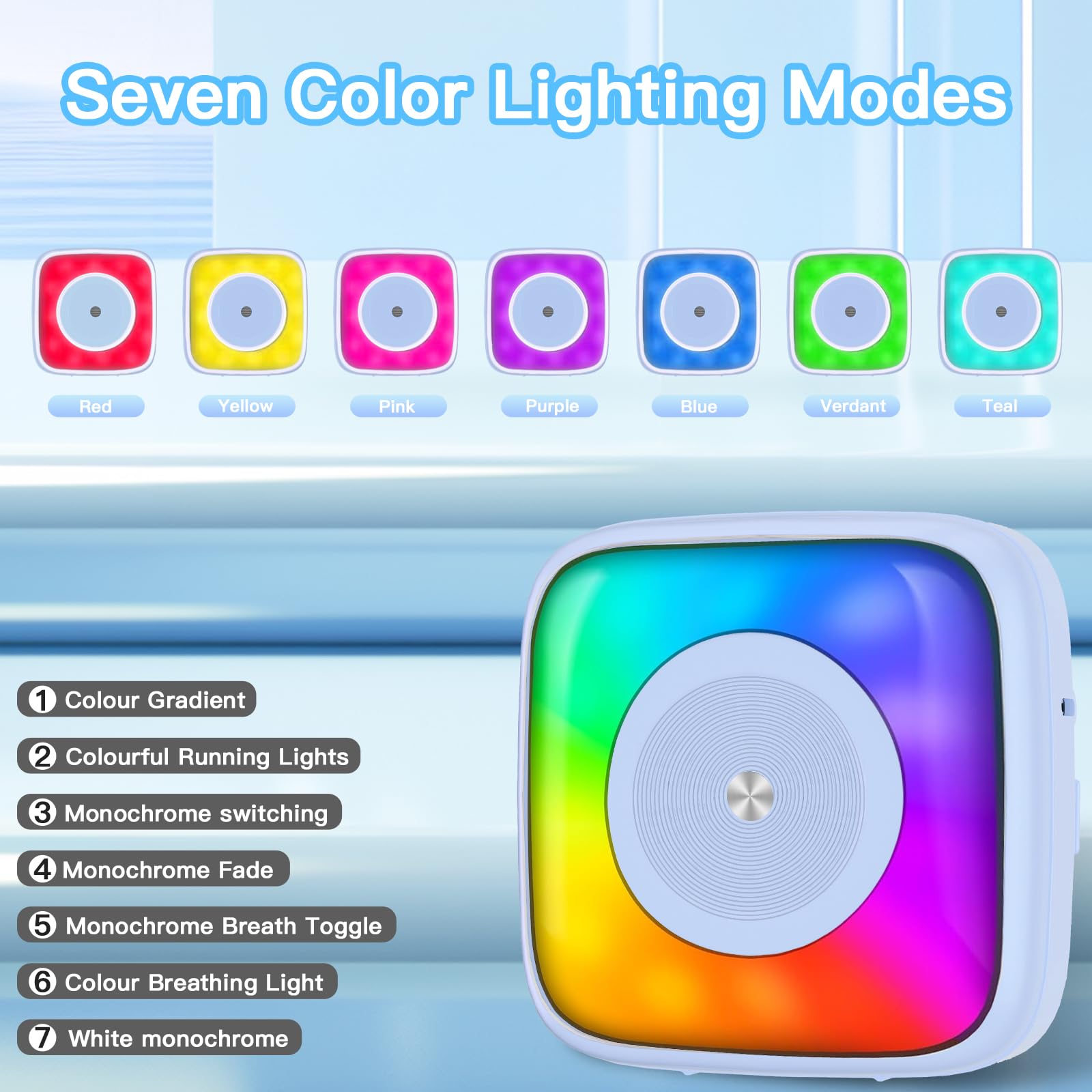 Mini Printer Sticker Printer Print Pod with 6 Rolls Sticker Paper, Seven Color Lighting Modes for DIY Scrapbook, Travel, Notes, Label, Memo, Compatible with iOS&Android