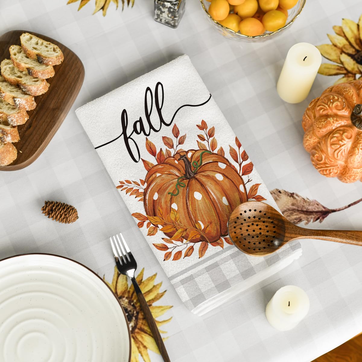 Artoid Mode Orange Buffalo Plaid Leaves Pumpkin Fall Kitchen Towels Dish Towels, 18x26 Inch Farmhouse Decoration Hand Towels Set of 2