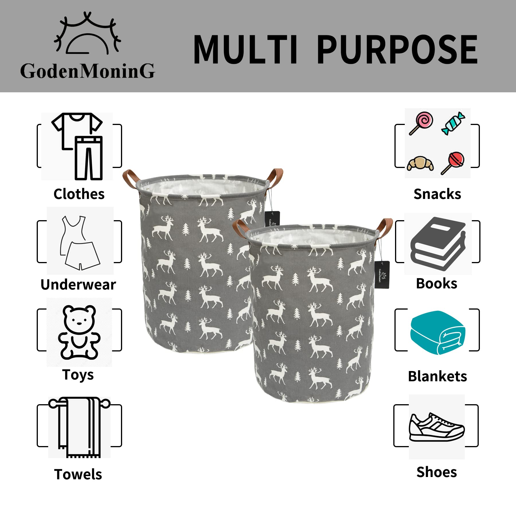 Collapsible Laundry Basket - GodenMoninG 2X 62.8L Large Sized Round Waterproof Storage Bin with Leather Handles,Home Decor,Toy Organizer,Children Nursery Hamper.(2 PACKS,Grey Deer X2)