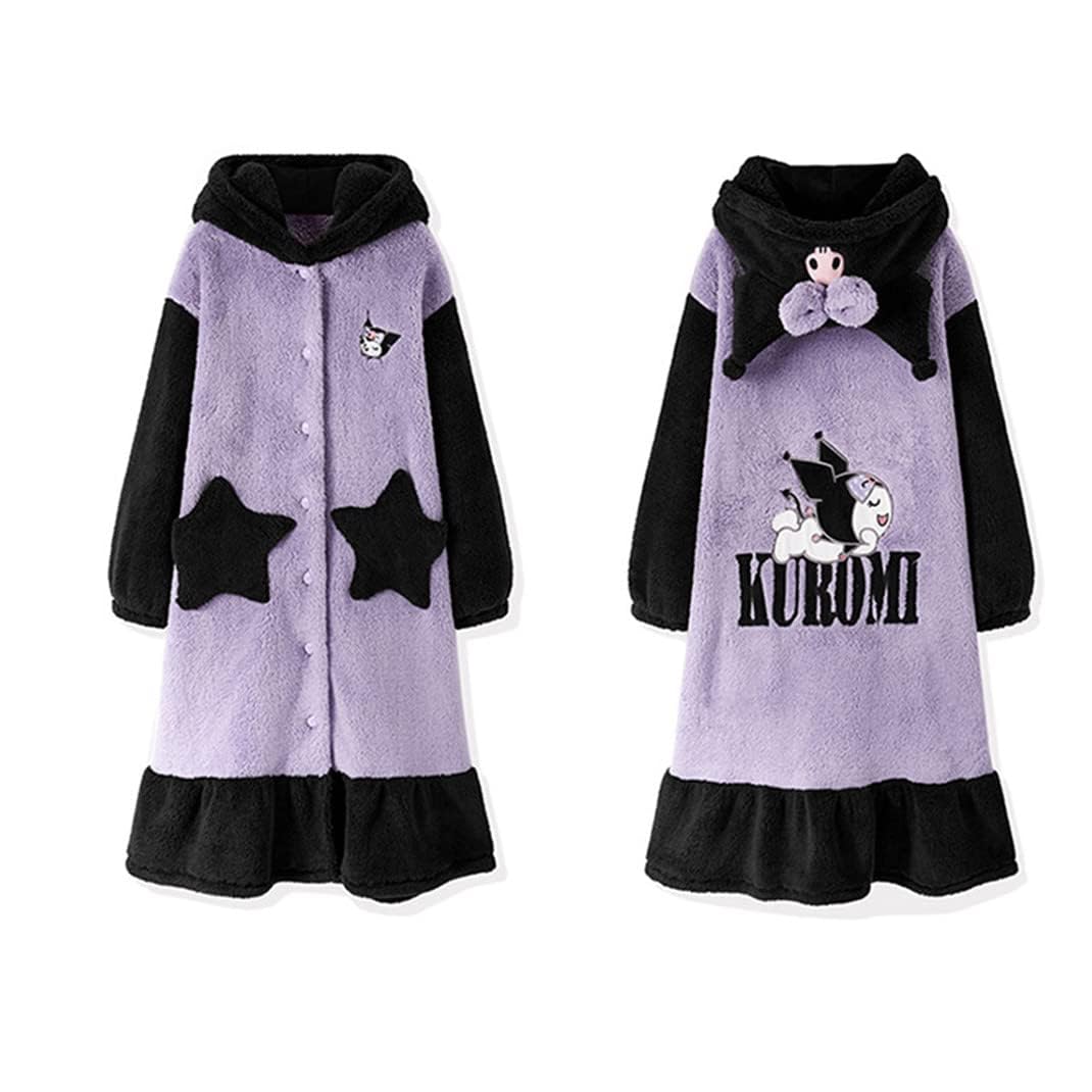 Akedimo Kawaii Anime Kuromi Winter Plush Thick Flannel Pajamas Soft Warm Comfortable Robe (Large)
