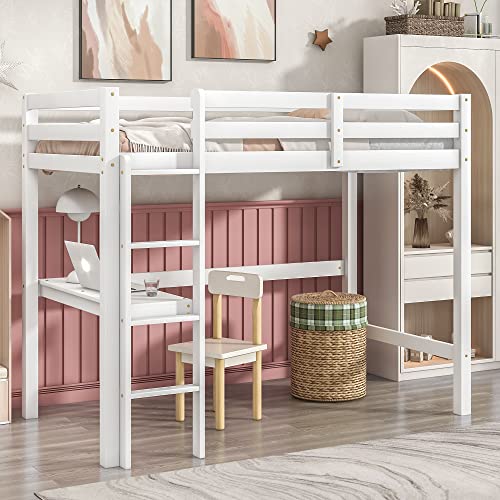 HomSof Twin Loft Bed with Built-in Desk,White