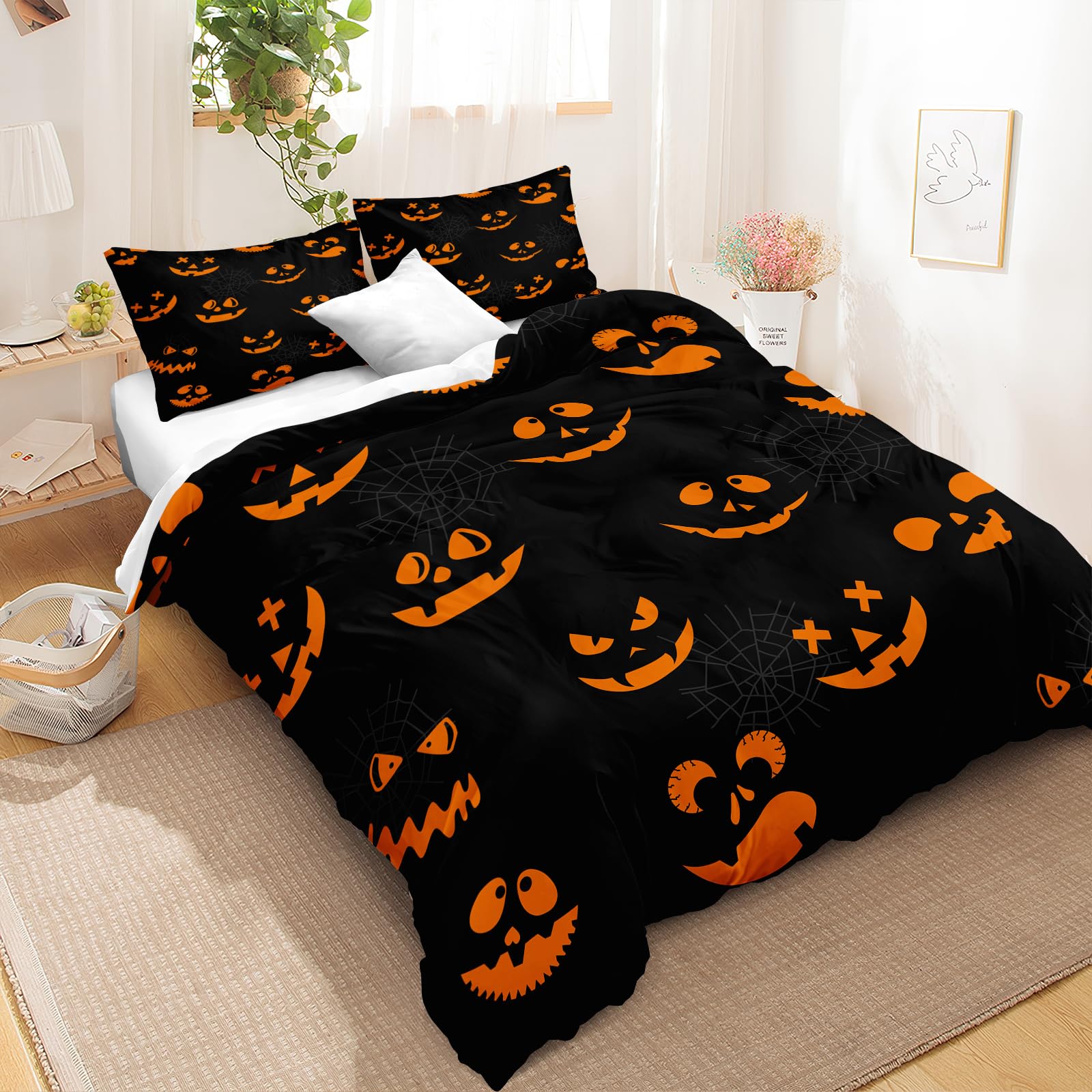 Bedorm Halloween Duvet Cover Set Orange Pumpkin Bedding Set Cute Pumpkin Ghost Cartoon Pattern Happy Halloween Decor Bedding King with 2 Pillowcases