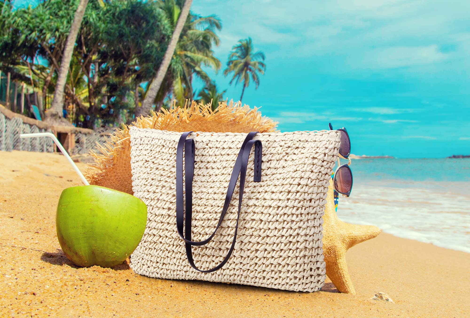 COOKOOKY Straw Beach Bag Summer Handmade Woven Shoulder Tote Bags Purse for Women (Square Khaki Bag)