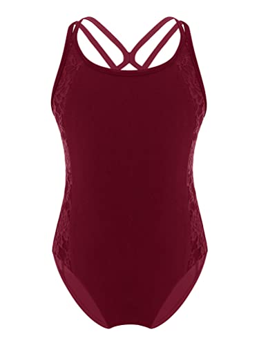 Aislor Kids Girls Ballet Dance Gymnastics Leotards Sleeveless Lace Patchwork Straps Hollow Back Unitard Bodysuit Rompers Burgundy 10 Years