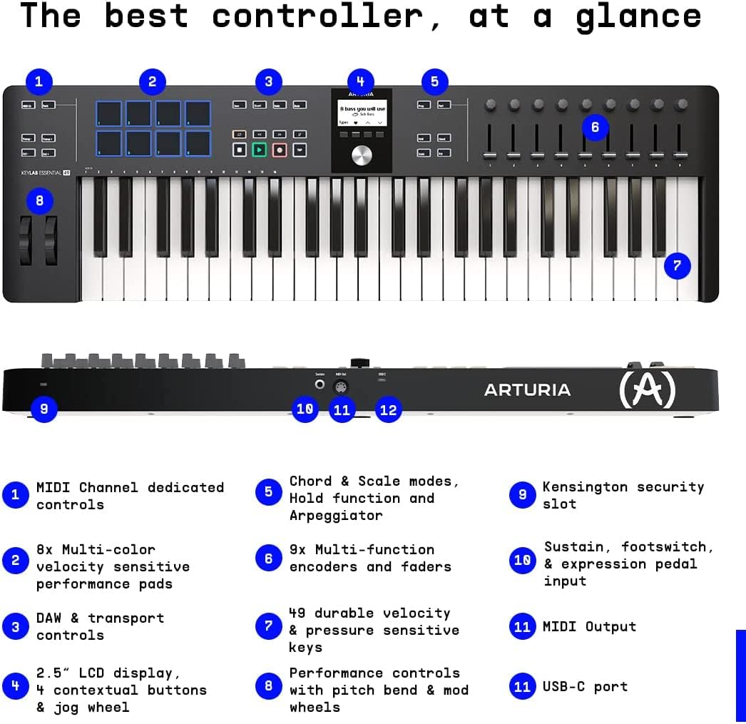 Arturia KeyLab 61 Essential mk3 MIDI Controller BUNDLE with MIDI Keyboard, Keyboard Sustain Pedal, USB Cable & Polishing Cloth - 61 Key Keyboard, Software Integration, Flexible Connectivity