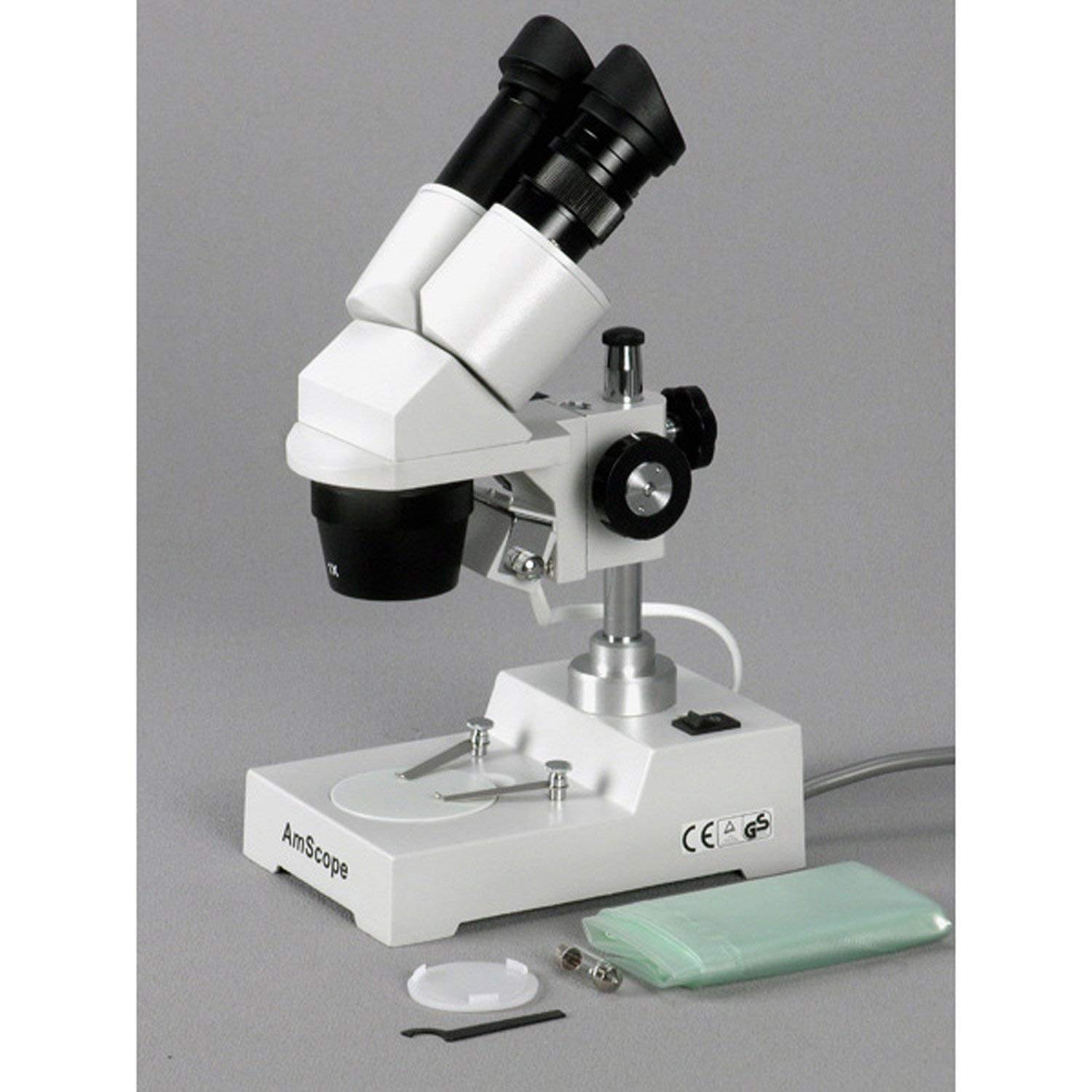 AmScope SE303-P Binocular Stereo Microscope, WF10x Eyepieces, 10X and 30X Magnification, 1X and 3X Objectives, Tungsten Lighting, Reversible Black/White Stage Plate, Pillar Stand, 110V