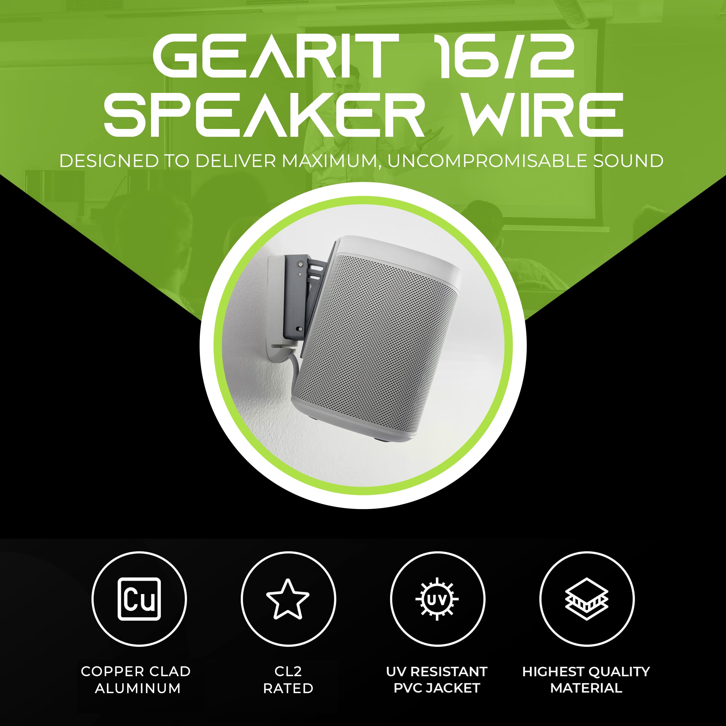 GearIT 16/2 Speaker Wire (100 Feet) 16 Gauge (Copper Clad Aluminum) - Fire Safety in Wall Rated Audio Speaker Wire Cable / CL2 Rated / 2 Conductors - CCA, 100ft