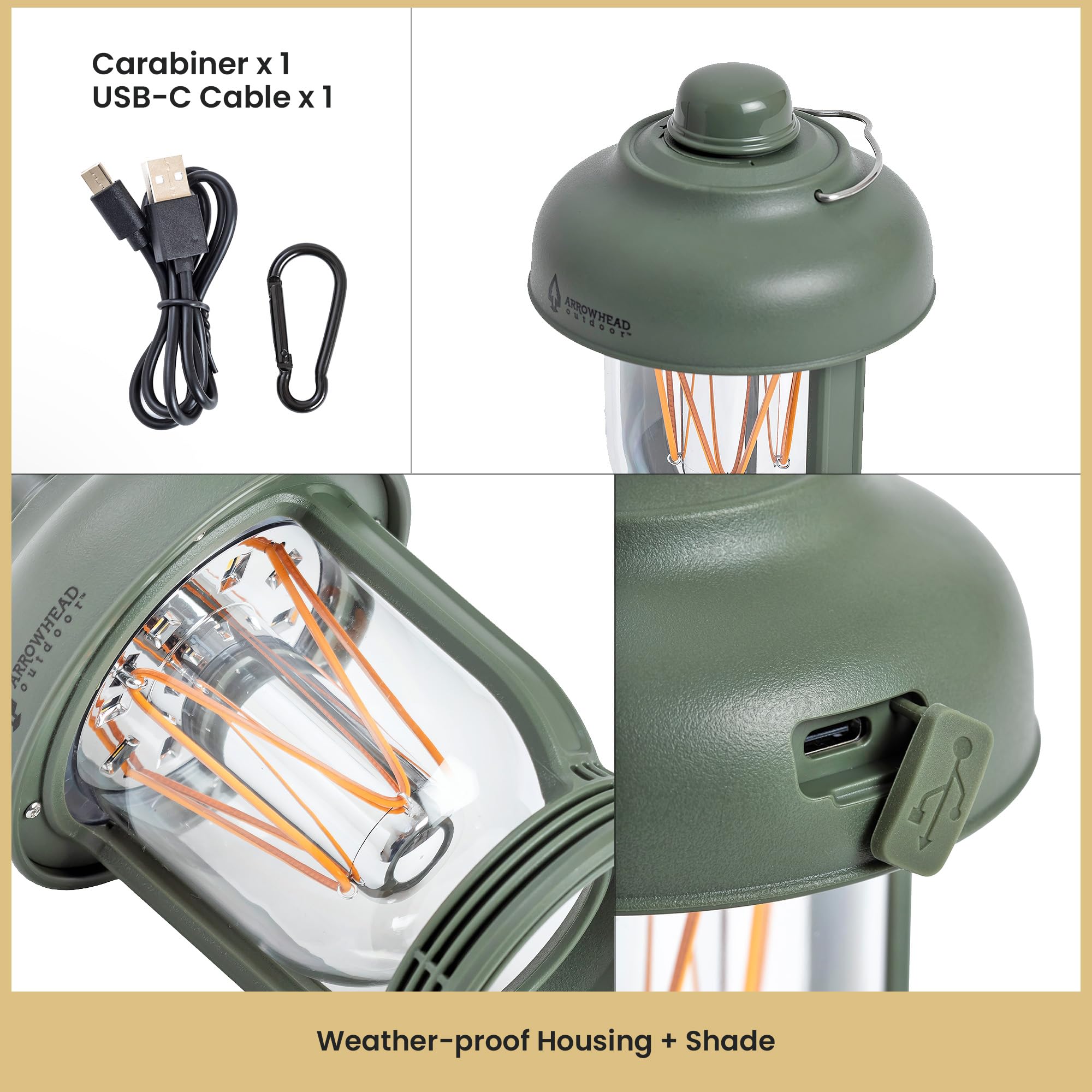 ARROWHEAD OUTDOOR 6-inch LED Camping Lantern, 4 Lighting Modes, USB-C Charging, IP6X, Max. 280 Lumens, Carabiner Included, Army Green