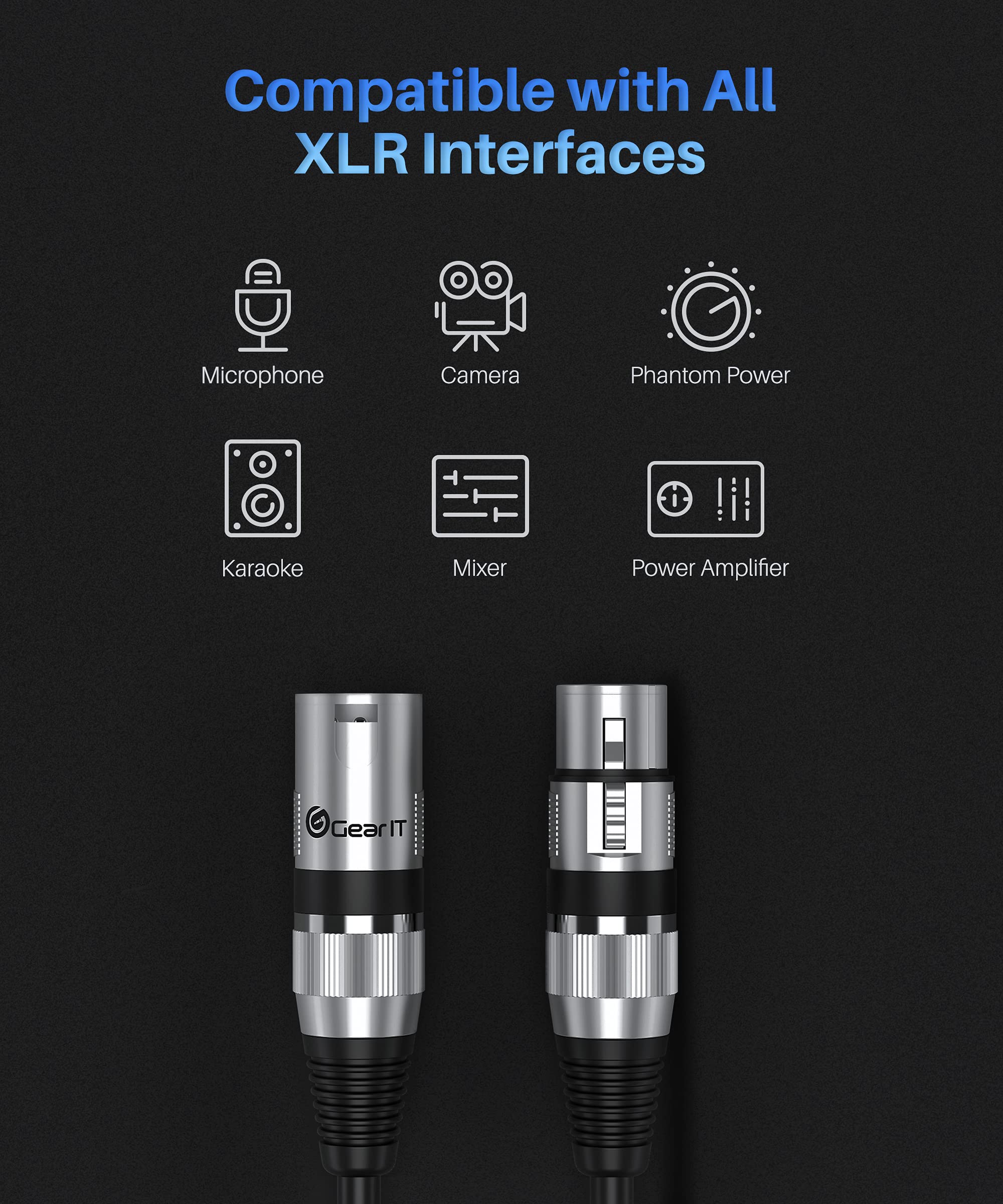 GearIT XLR to XLR Microphone Cable (1 Feet, 2 Pack) XLR Male to Female Mic Cable 3-Pin Balanced Shielded XLR Cable for Mic Mixer, Recording Studio, Podcast - Black, 1Ft, 2 Pack