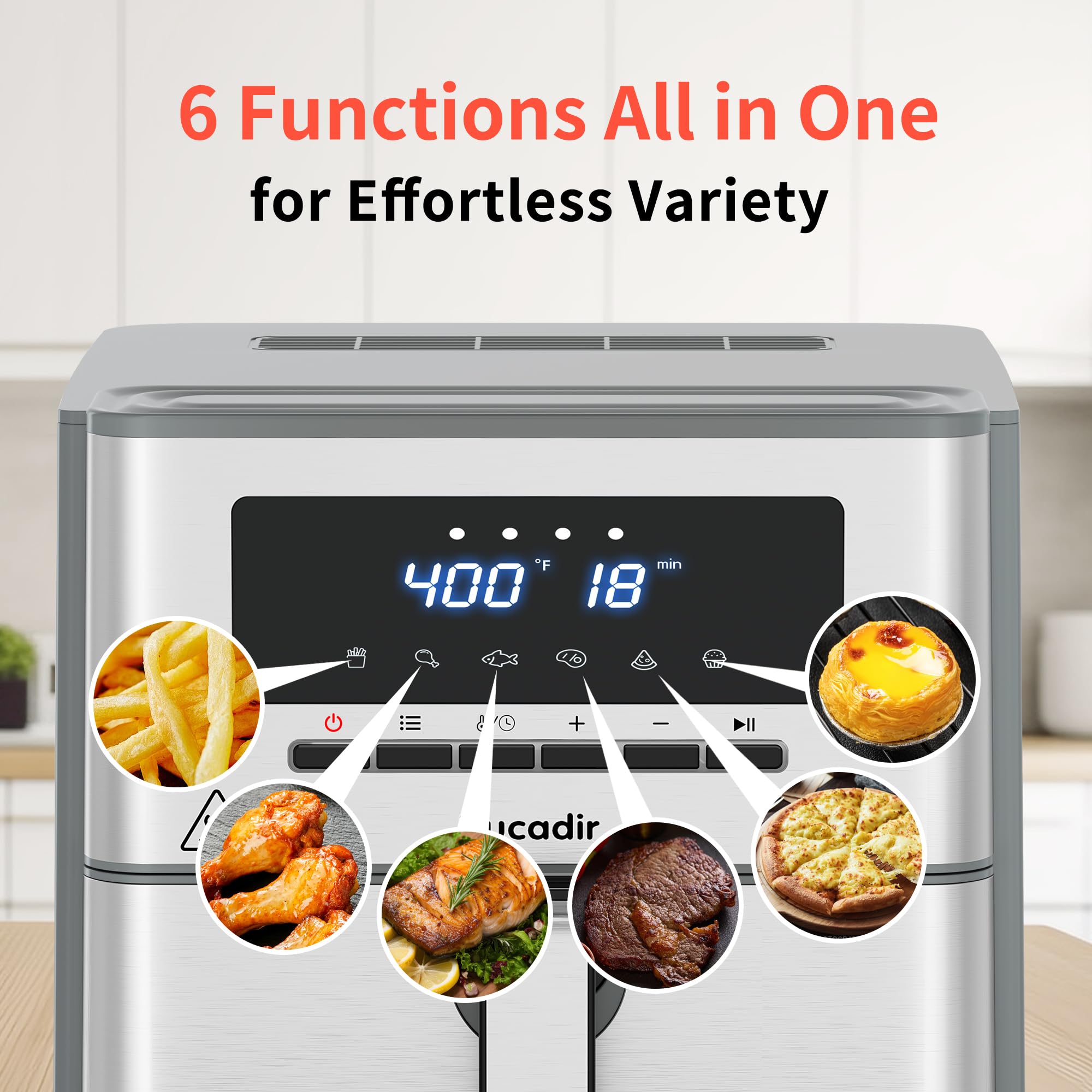 Air Fryer 10 Quart, Large Air Fryer for Families, 6 Cooking Functions AirFryer, 400°F Temp Controls in 5° Increments, Ceramic Coated Nonstick Basket and Crisper Plate, Dishwasher-Safe, 1700W, Grey