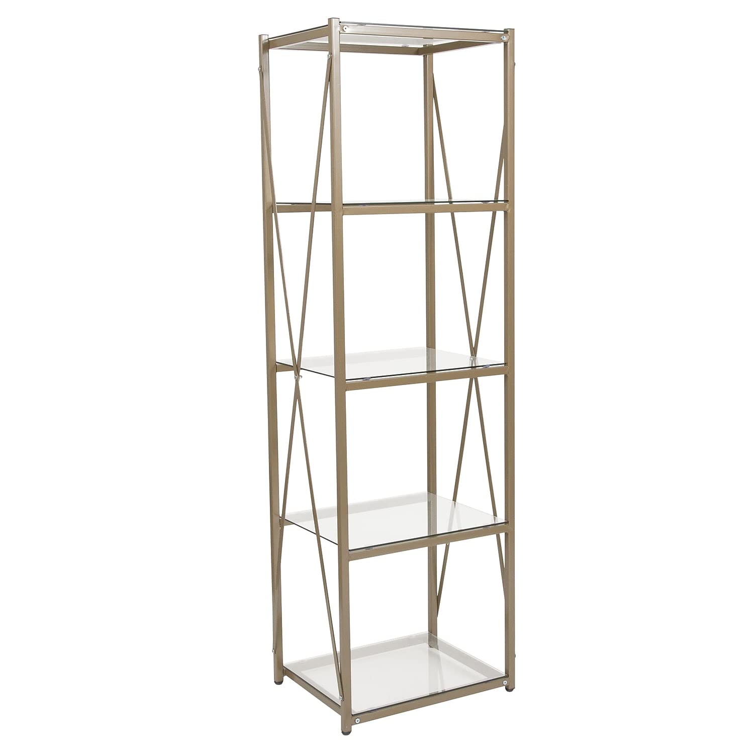 Flash Furniture Mar Vista Collection 4 Shelf 64"H Cross Brace Glass Bookcase in Matte Gold