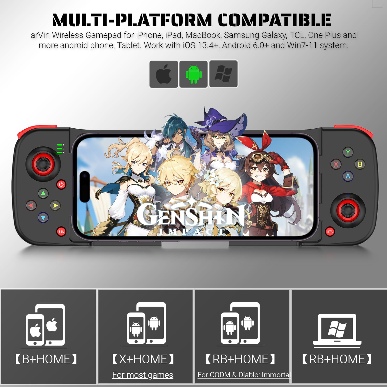 arVin Bluetooth Controller for iPhone/iPad/MacBook/iOS/Android/Samsung/Tablet/PC Wireless Gamepad Joystick with Back Button, Analog Triggers, Stretchable, Direct Play for Call of Duty, Genshin Impact