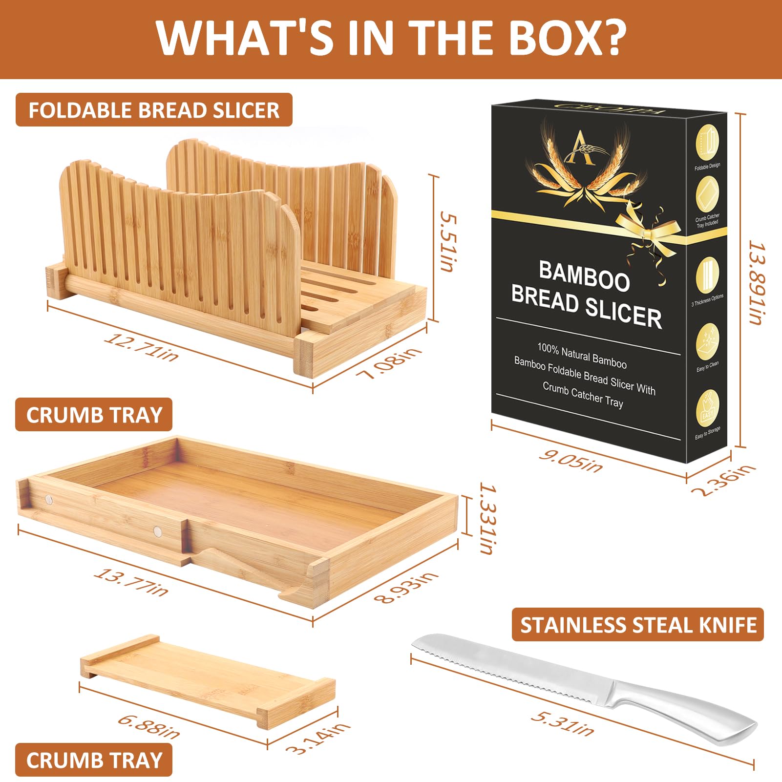 Bamboo Bread Slicer with Bread Knife for Homemade Bread, 3 Slice Thickness, Foldable Compact Cutting Guide with Crumb Tray and Stainless Steel Knife, Easy to cutting Bagels, Cakes,Sourdough Bread