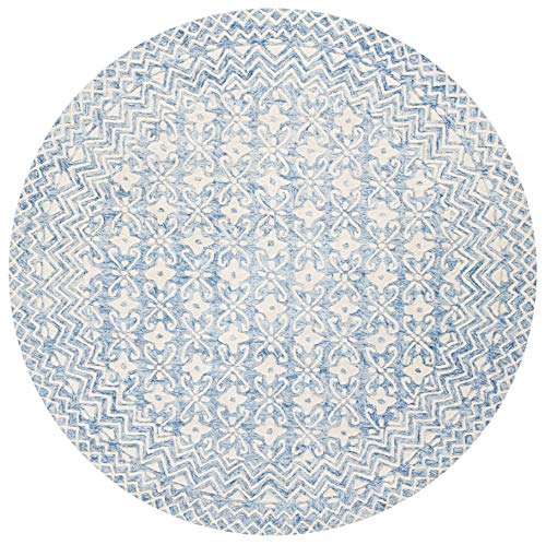 SAFAVIEH Blossom Collection Area Rug - 8' Round, Blue & Ivory, Handmade Wool, Ideal for High Traffic Areas in Living Room, Bedroom (BLM114M)