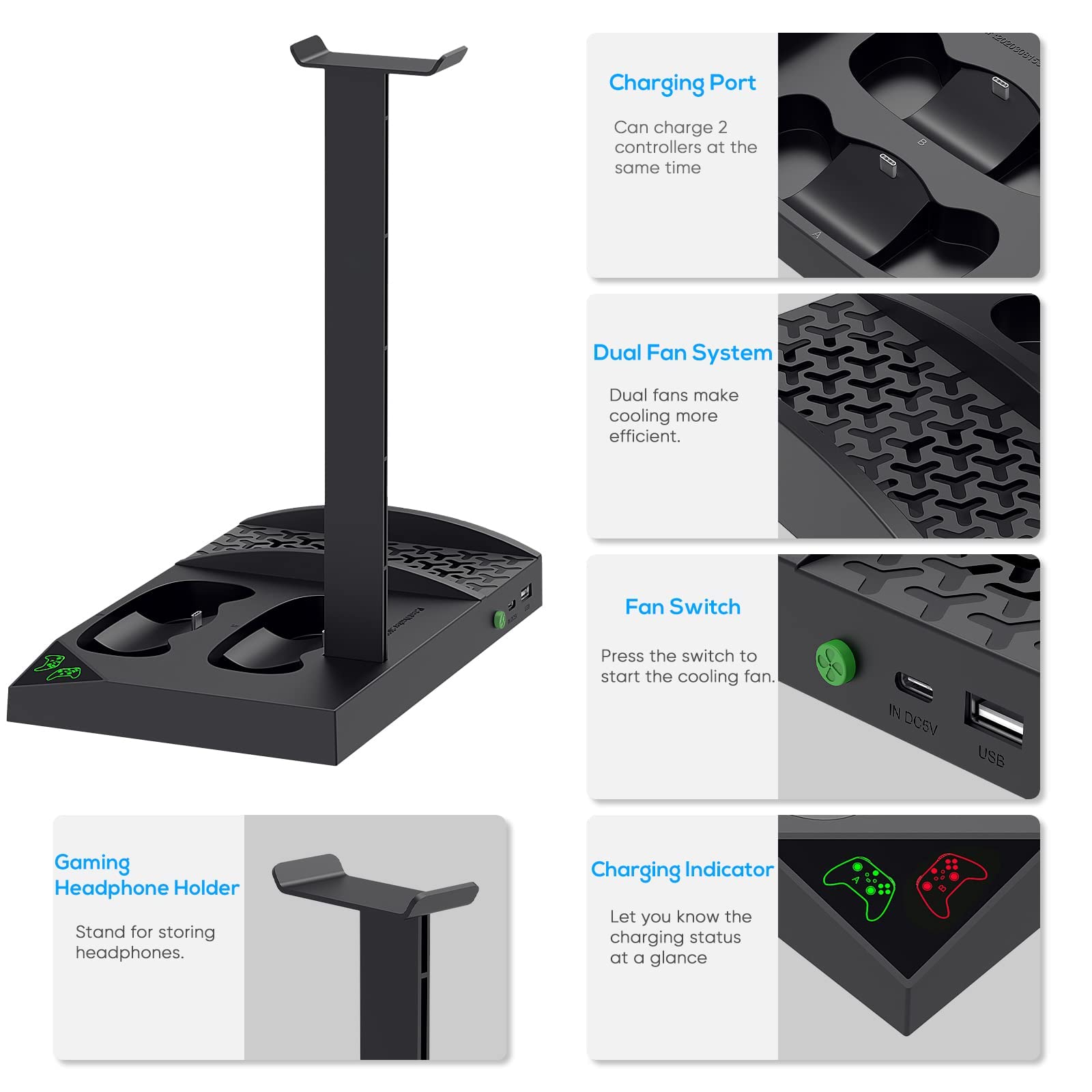 Cooling Fan with Charging Stand for Xbox Series S Console and Controller, Dual Charger Dock Accessories with 2 x 1400mAh Rechargeable Battery and Cover, Headphone Mount for Xbox Series S, Black