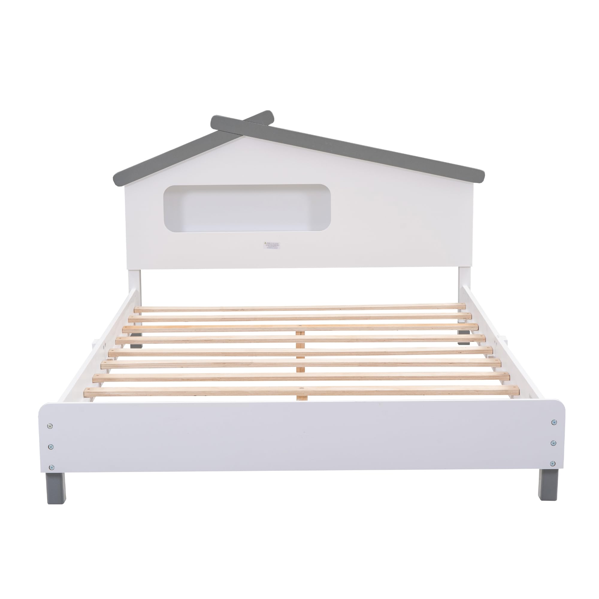 Full Size House Platform Bed with LED Lights, Wood Kids Floor Bed Frame with Headboard and Slats Support, No Box Spring Needed, White with Pink